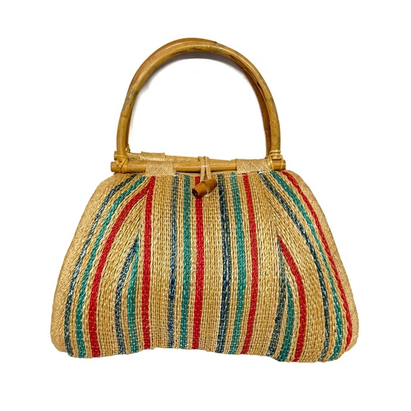 Bags | Vintage Woven Handbag Multicolor Straw Bag Bamboo | Poshmark